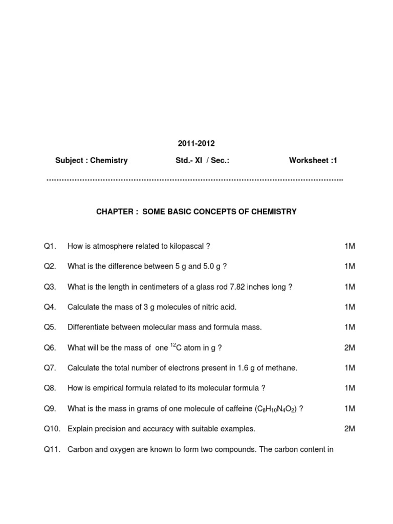 CBSE Class 11 Chemistry Worksheet - Some Basic Concepts of Chemistry ...