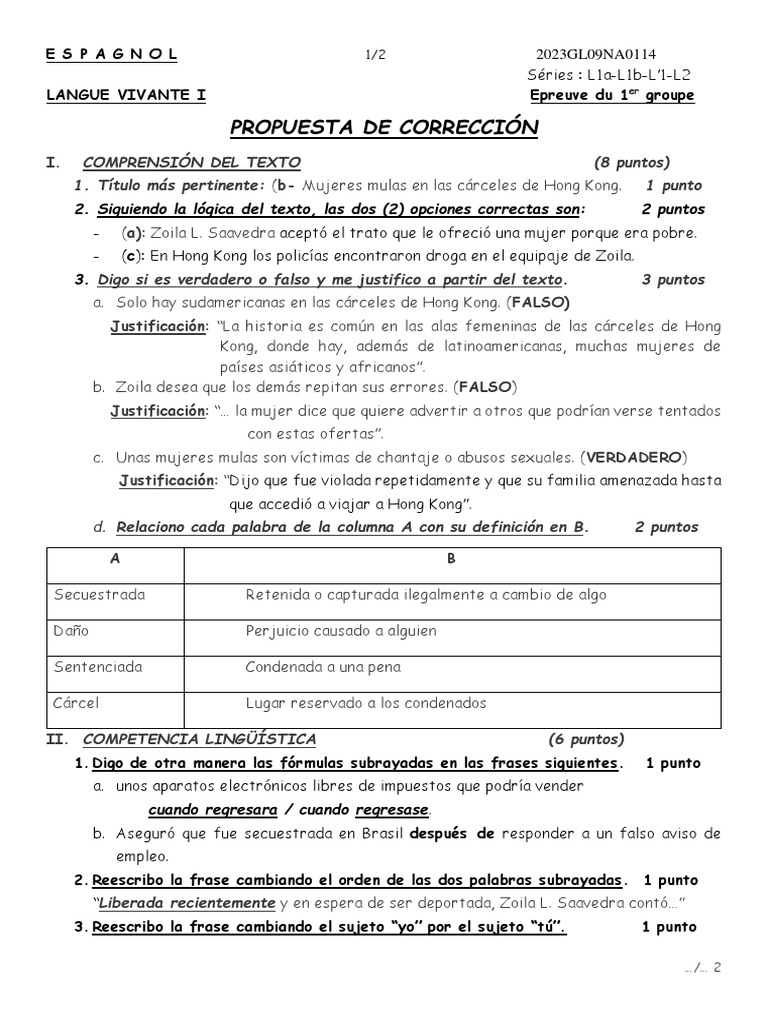 Corrige Espagnol Lv1 1er GR | PDF