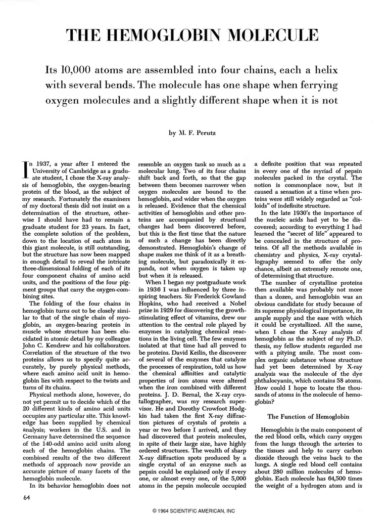 THE HEMOGLOBIN MOLECULE Perutz 1964 | PDF