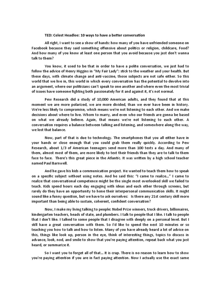 TED: Celest Headlee: 10 Ways To Have A Better Conversation | PDF