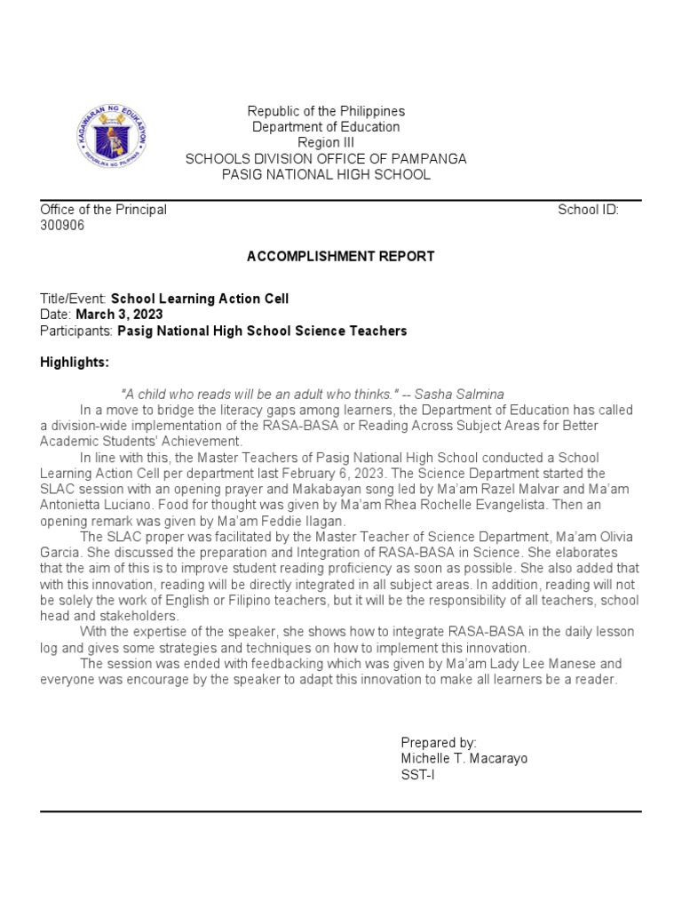 Science Department Slac 2022-2023 Rasa Basa | PDF | Teaching ... Science Department Slac 2022-2023 Rasa Basa | PDF | Teaching ...