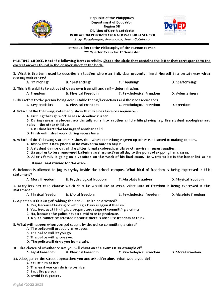 2nd Quarter Exam In Intro To Philo Pdf Society Suffering