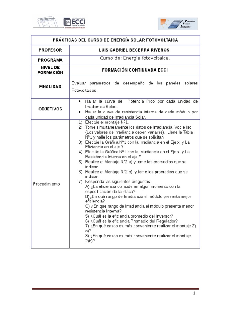 Guía de Prácticas Solares ECCI | PDF | Fotovoltaica | Electricidad