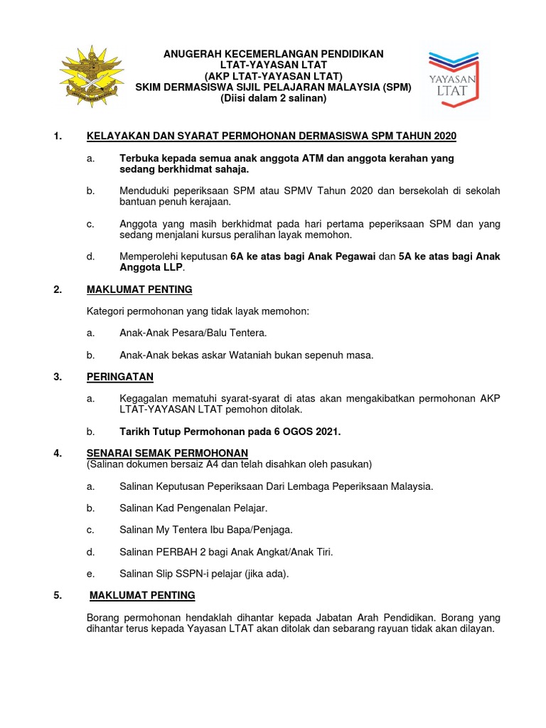 Borang Dermasiswa Skim SPM 2020 AKP LTAT YAYASAN LTAT | PDF