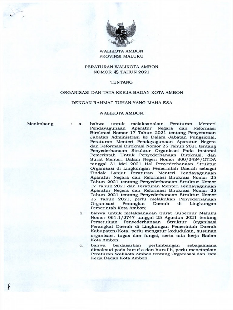 Perwali Kota Ambon No. 45 Tahun 2021 | PDF