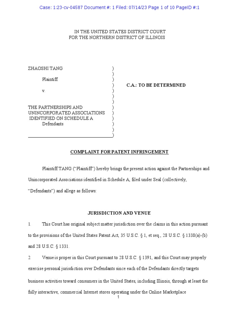 Tang v. Schedule A - Complaint | PDF | Pay Pal | Patent