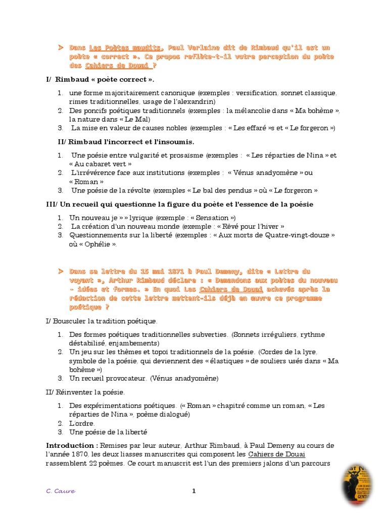 Exemples de Dissertations - Avec Ou Sans Plan Détaillé | PDF | Poésie | Arthur Rimbaud