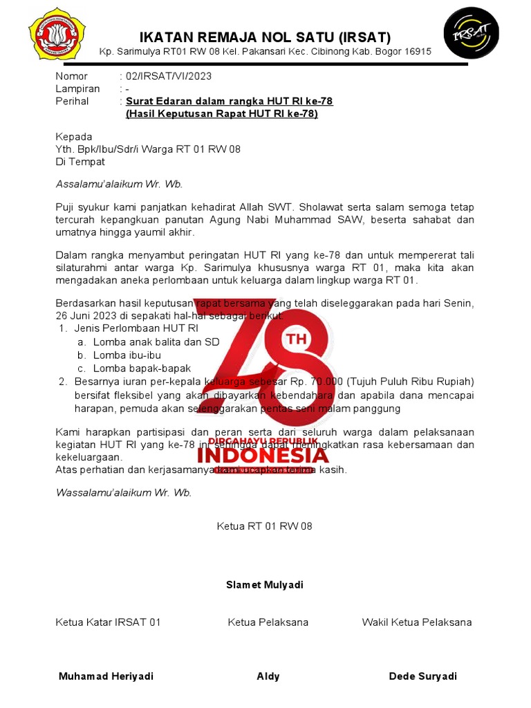 Surat Edaran Warga Iuran Agustusan | PDF