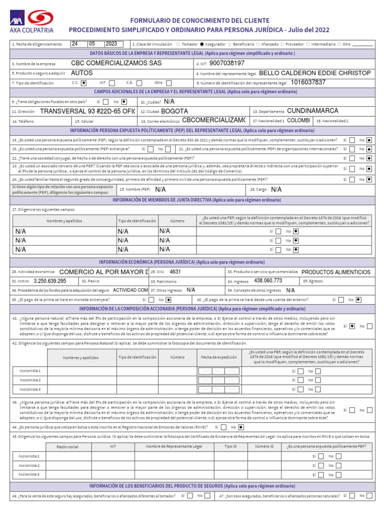 Norma Sarlaft - Formulario Persona Juridica - CBC | PDF | Seguro | Bases de datos
