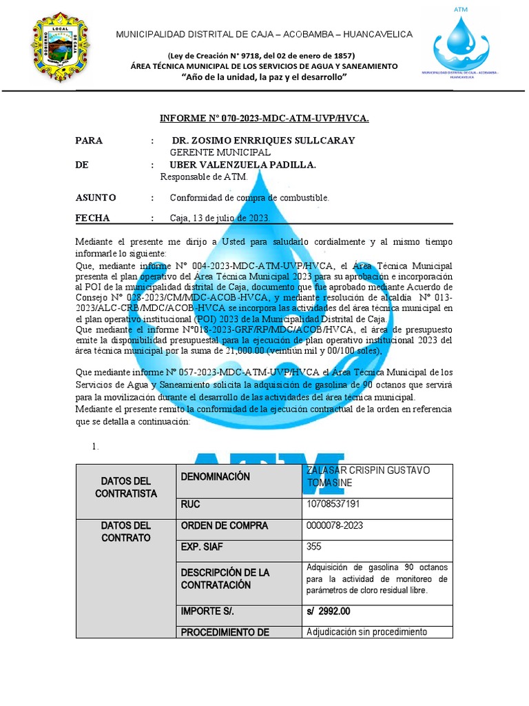 INFORME #070. Conformidad 5 Combustible | PDF