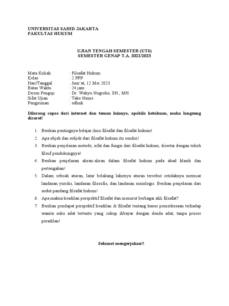 SOAL UTS Filsafat Hukum - Eks. | PDF