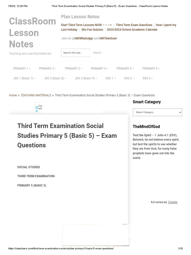 Third Term Examination Social Studies Primary 5 (Basic 5) - Exam ...