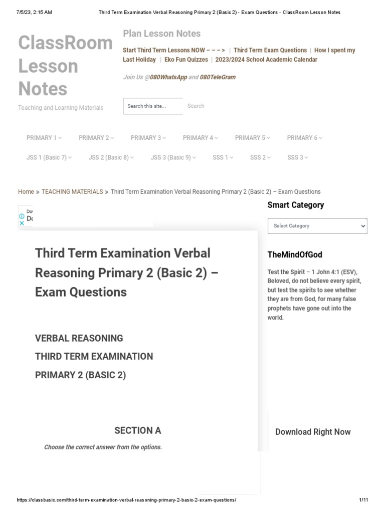 Third Term Examination Verbal Reasoning Primary 2 (Basic 2) - Exam Questions - ClassRoom Lesson ...