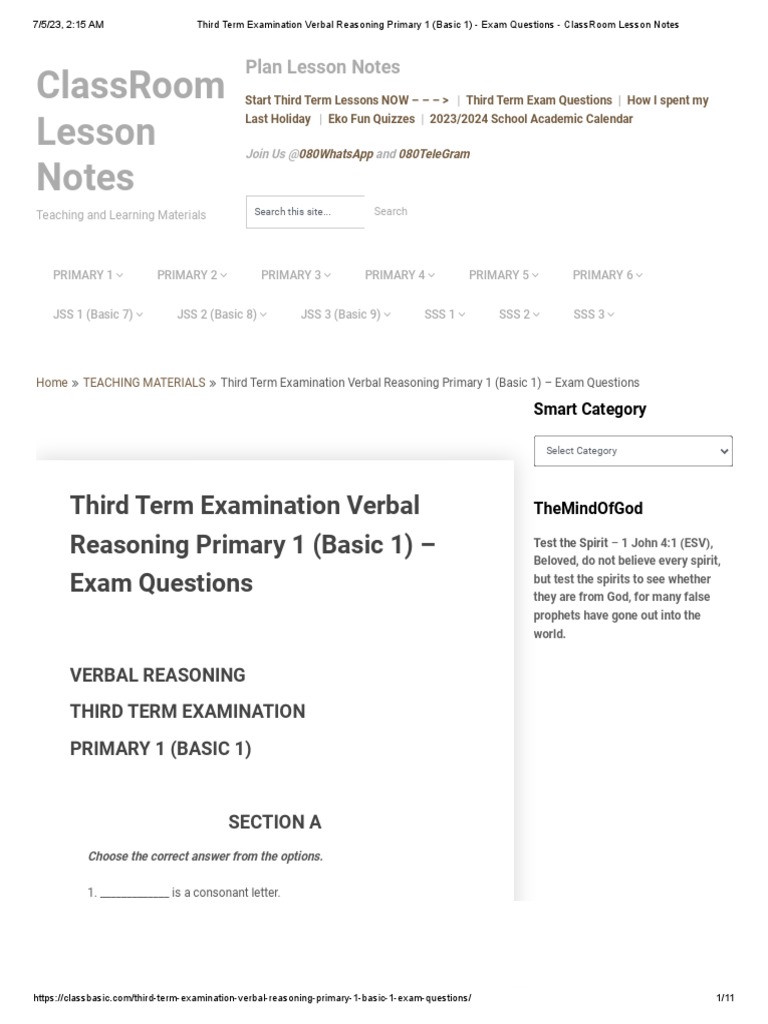 Third Term Examination Verbal Reasoning Primary 1 (Basic 1) - Exam ...