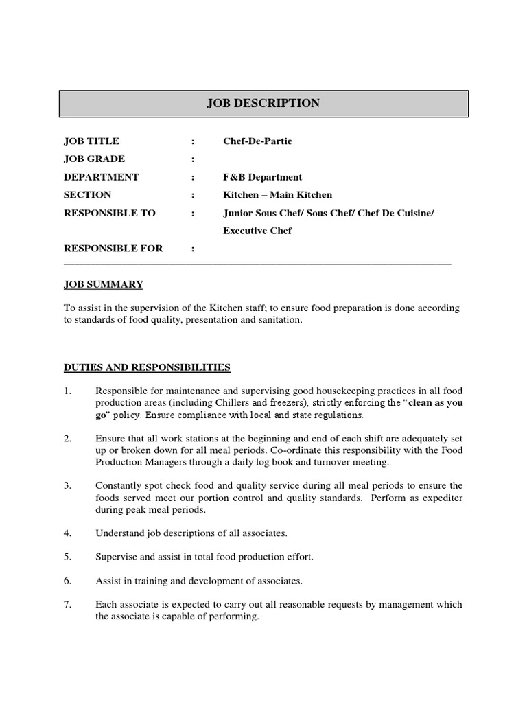 Main Kitchen - Chef-de-Partie | PDF | Chef | Food And Drink