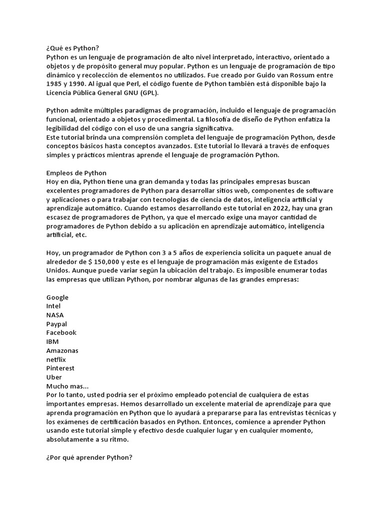 Qué Es Python | PDF | Python (lenguaje de programación) | Lenguaje de ... Qué Es Python | PDF | Python (lenguaje de programación) | Lenguaje de ...