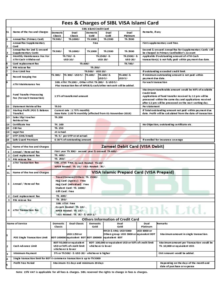 Fees and Charges of SIBL Islami Card | PDF | Credit Card | Debit Card
