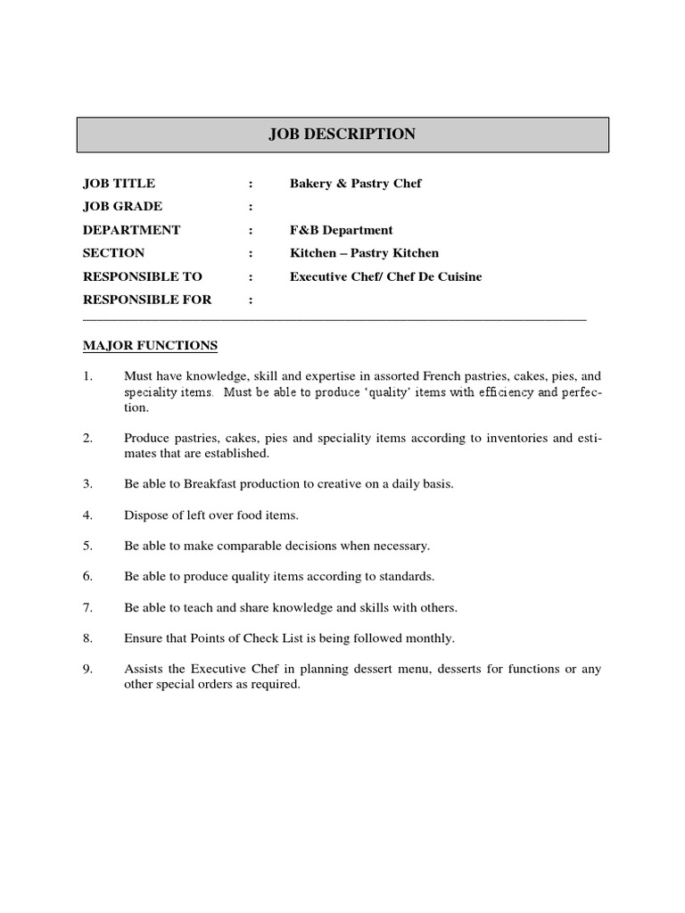 Pastry Chef Job Description | PDF | Chef | Kitchen