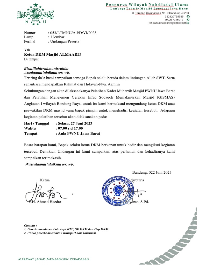 Undangan Pelatihan DKM Masjid 2023 | PDF