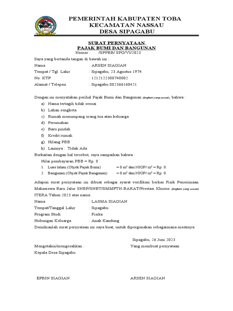 3. Surat Pernyataan PBB (diketahui Kelurahan) | PDF