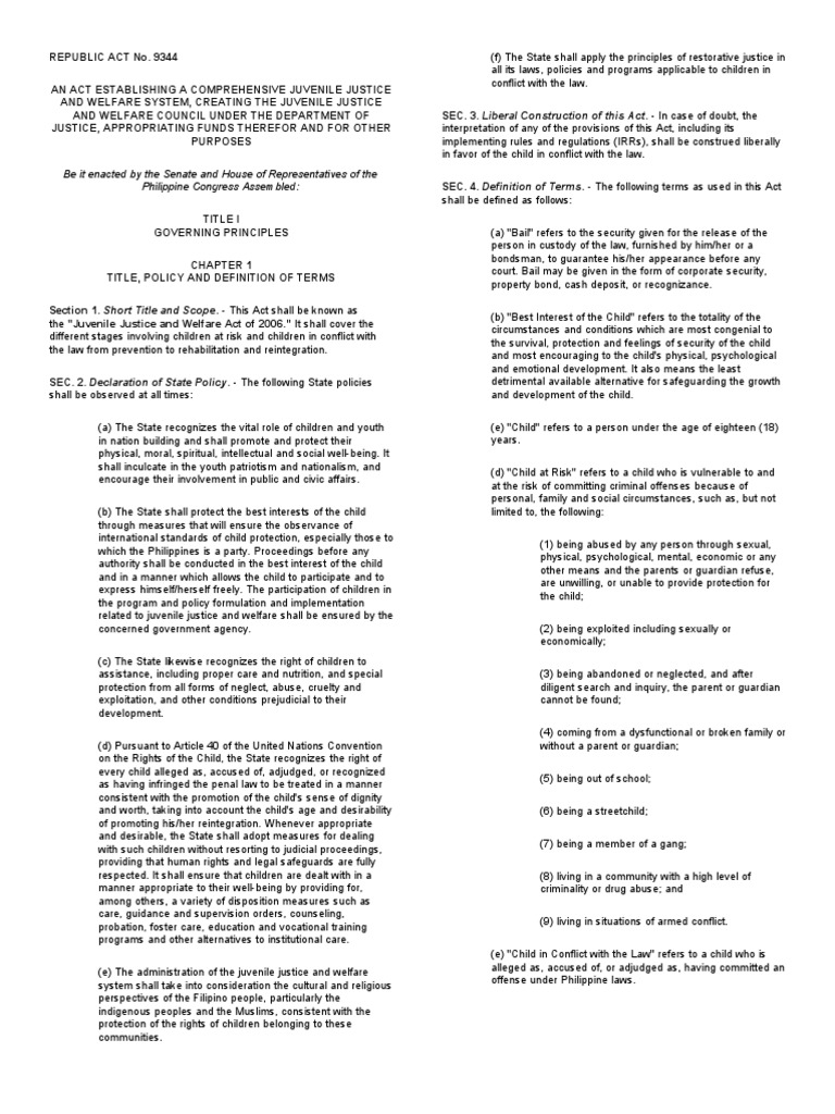 REPUBLIC ACT No 9344 | PDF | Juvenile Delinquency | Bail