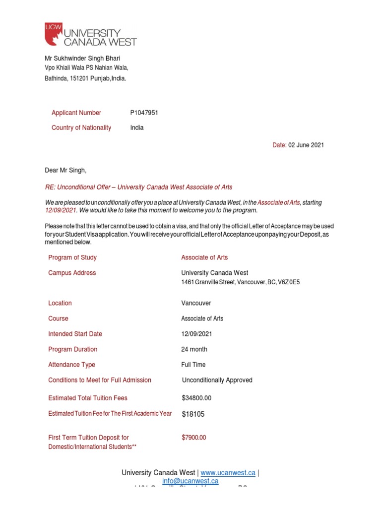 Sep Intake Offer Letter | PDF | Payments | Fee