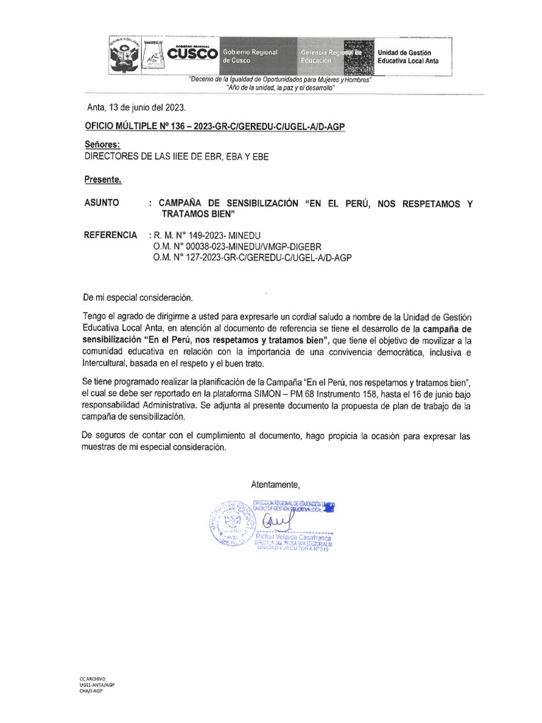 Oficio Multiple #136 - Campaña de Sensibilizacion - en El Peru, Nos Respetamos y Tratamos Bien | PDF