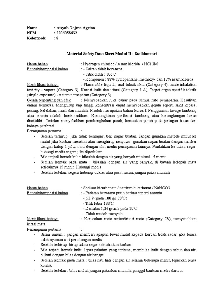 MSDS: HCl & NaHCO3 untuk Mahasiswa | PDF