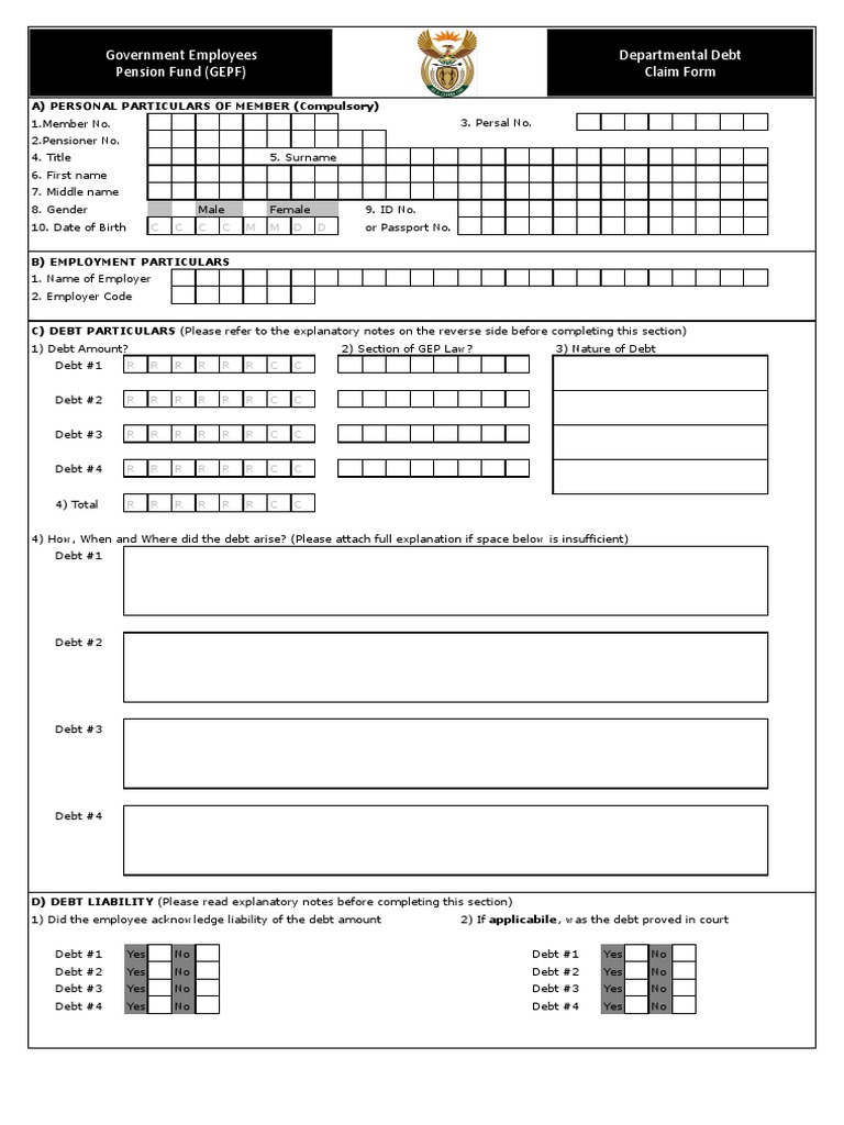 GEPF Departmental Debt Claim Form | PDF | Government | Private Law