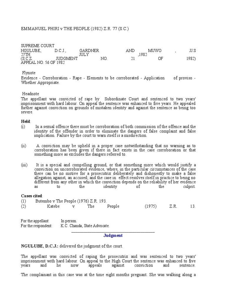 1982-zmsc-14 Emmanuel Phiri V The People | PDF | Sentence (Law) | Rape