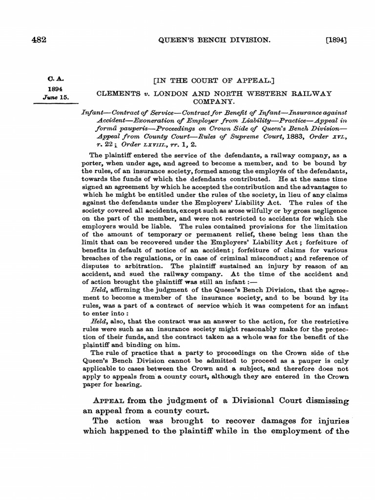 Clements V London and North Western Railway Co (1894) | PDF | Lawsuit | Damages