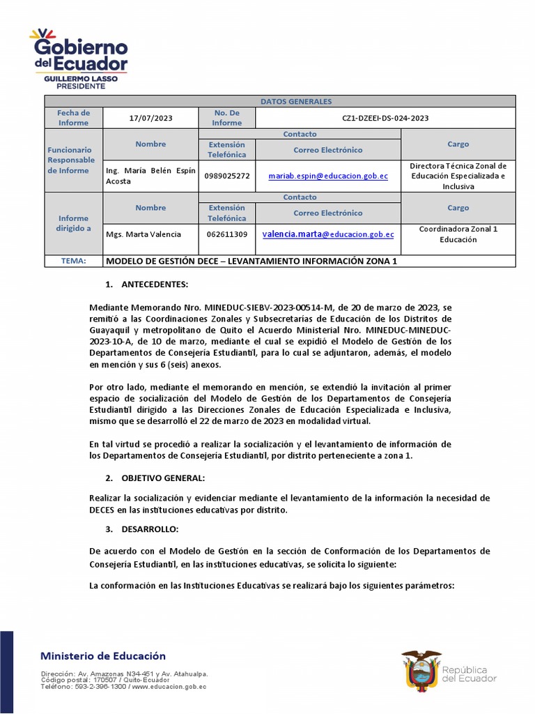 Informe sobre Modelo DECE Zona 1 Ecuador | PDF