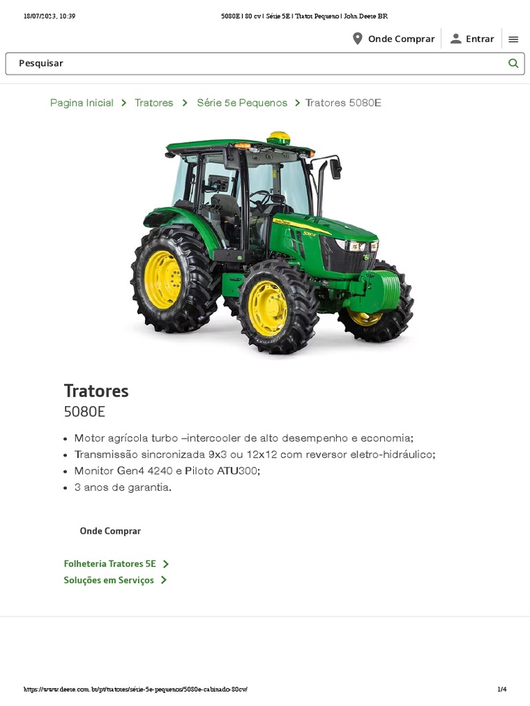 5080E - 80 CV - Série 5E - Trator Pequeno - John Deere BR | PDF | Trator | Motores