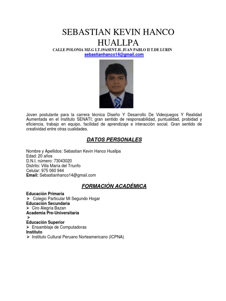 Hanco Huallpa, Kevin Sebastian - CV | PDF