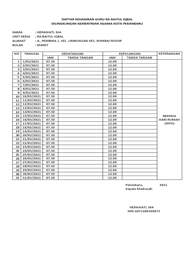 Daftar Kehadiran Guru Ra Baitul Iqbal | PDF