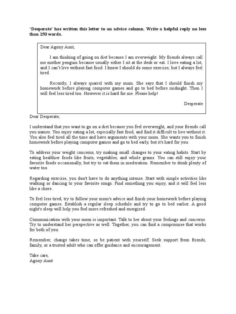 Letter of Advice(Sample Essay) | PDF | Healthy Diet | Nutrition