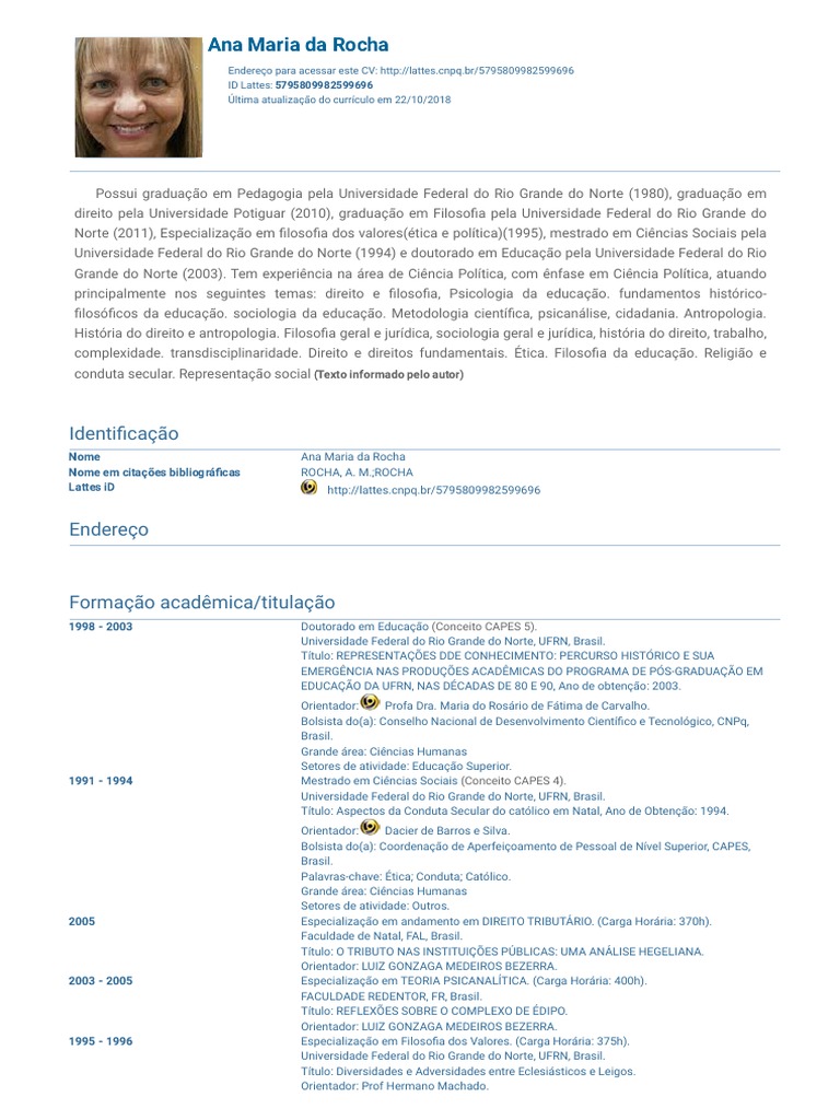 Currículo Do Sistema de Currículos Lattes (Ana Maria Da Rocha) | PDF ...