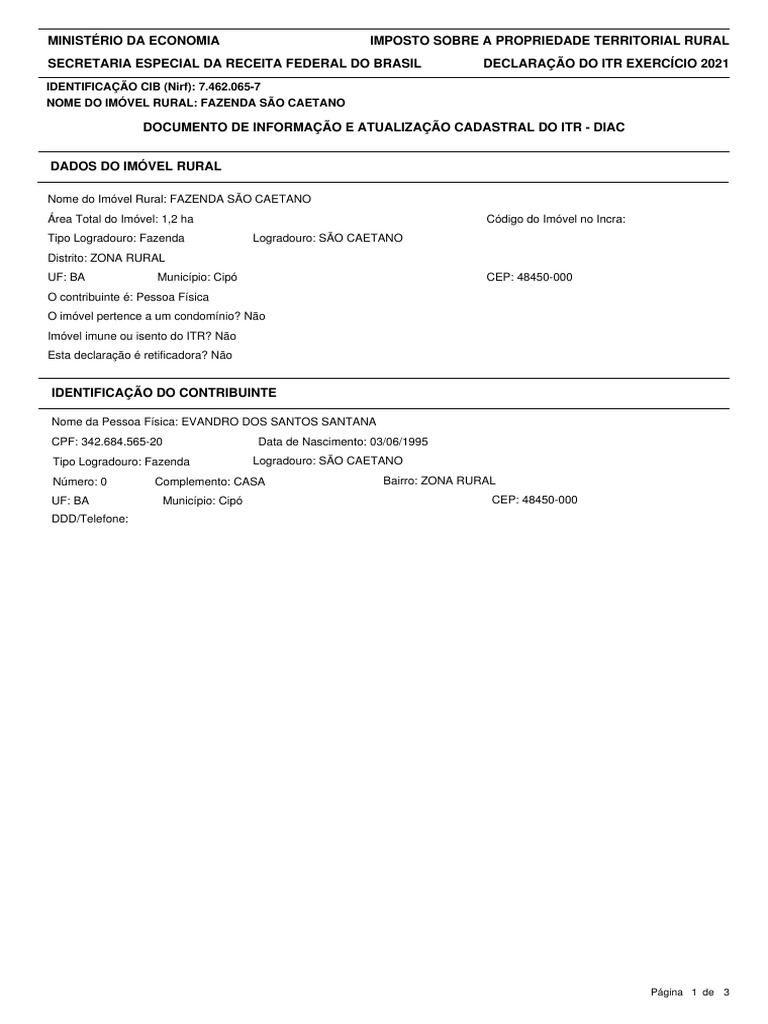 DECLARAÇÃO ITR 2021 EVANDRO | PDF | Impostos | Economias
