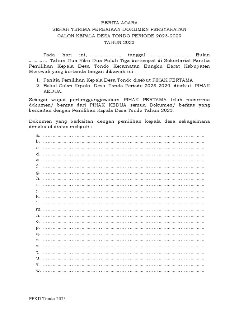Berita Acara Serah Terima Dokumen Bakal Calon Kades | PDF