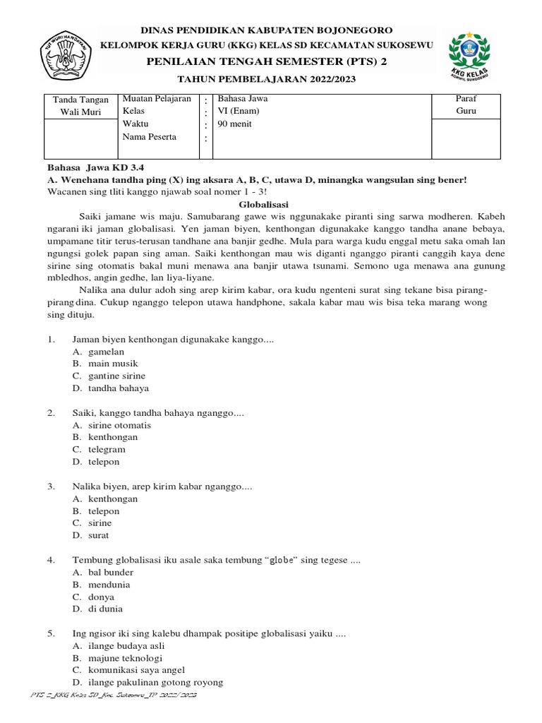 Soal PTS 2 Kelas 6 B. Jawa TP 2022-2023 | PDF