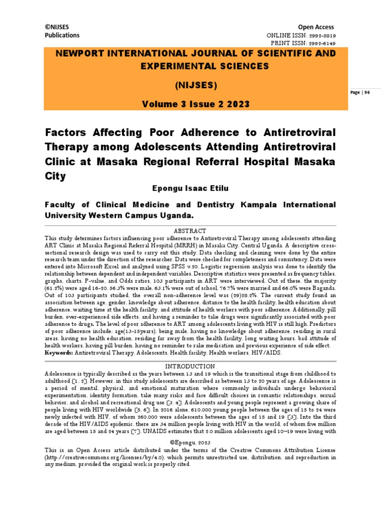 Factors Affecting Poor Adherence To Antiretroviral Therapy Among Adolescents Attending ...