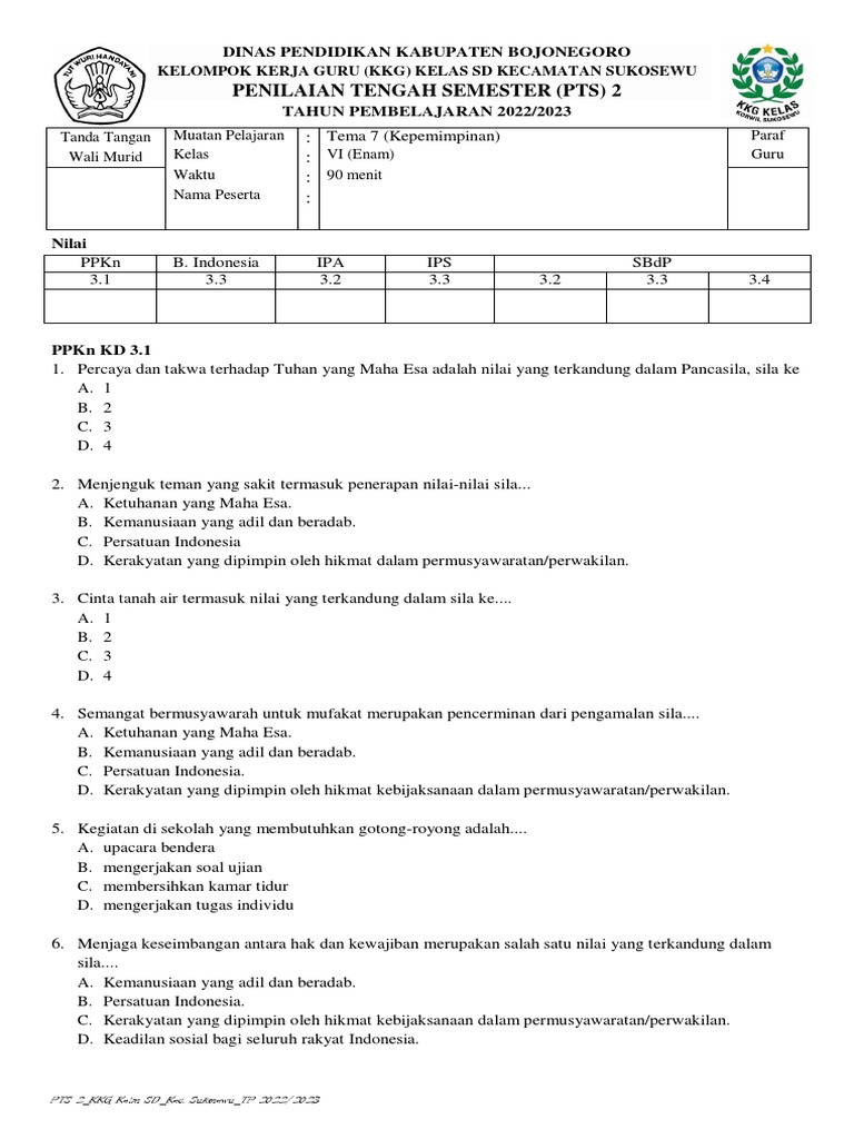 Soal PTS 2 Kelas 6 Tema 7 TP 2022-2023 | PDF