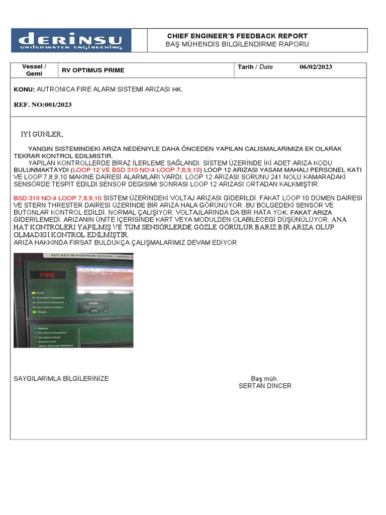 Autronica Fire Alarm Si̇stemi̇ Arizasi Hk 001-23 Bm Bi̇lgi̇lendi̇rme ...