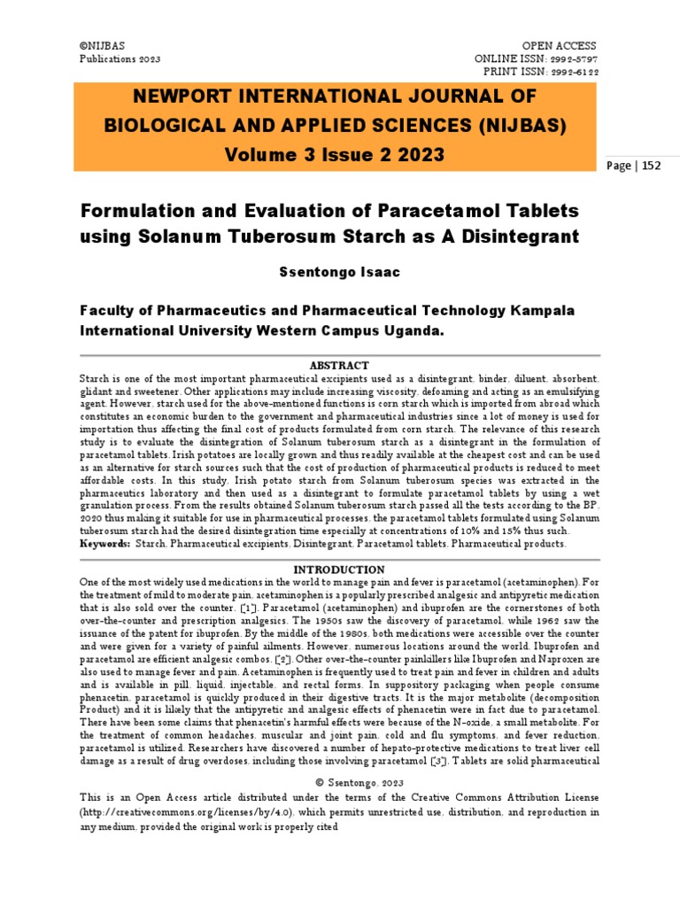 Formulation And Evaluation Of Paracetamol Tablets Using Solanum Tuberosum Starch As A