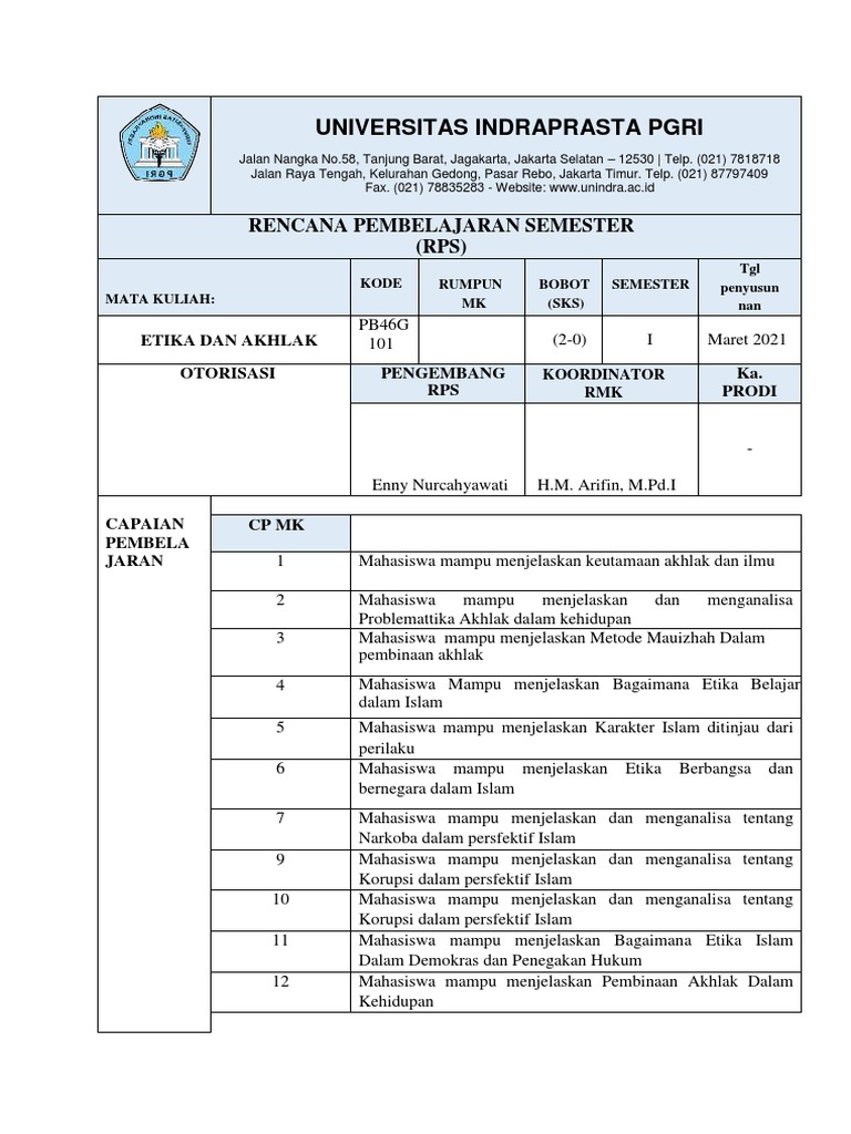 RPS Etika Akhlak Genap-2020-2021 | PDF