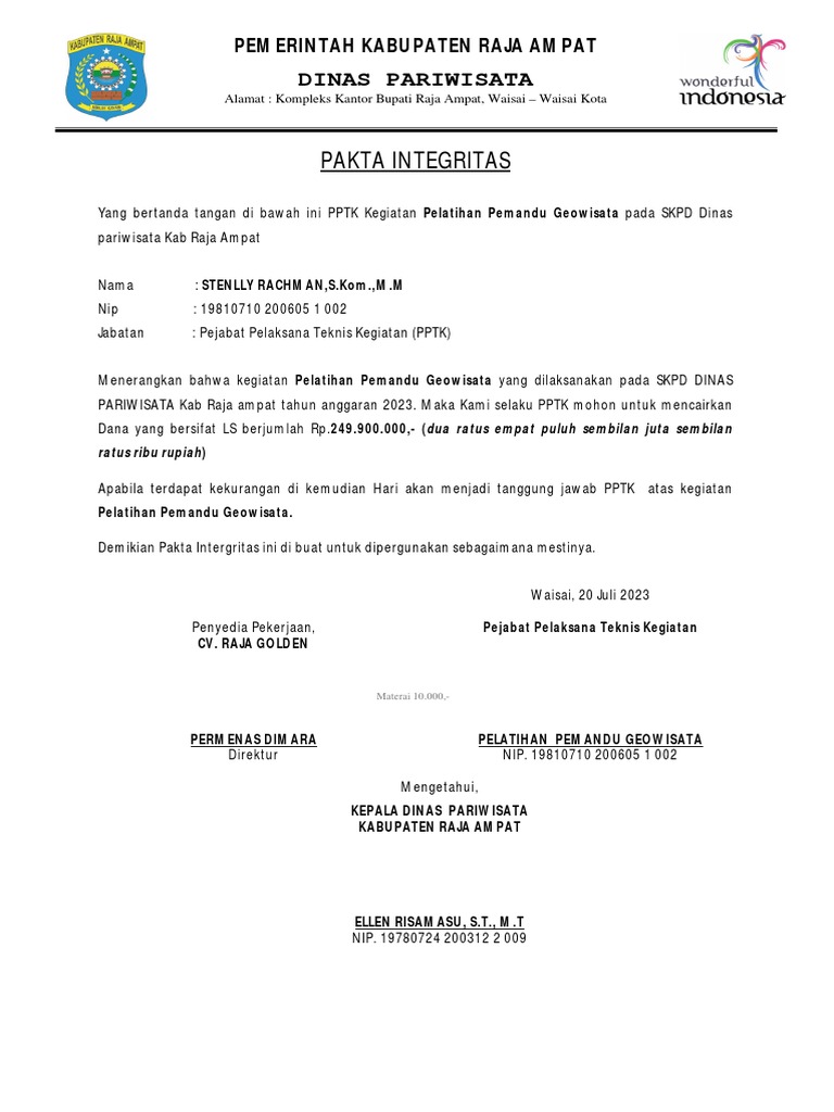 Pakta Integritas: Dinas Pariwisata | PDF