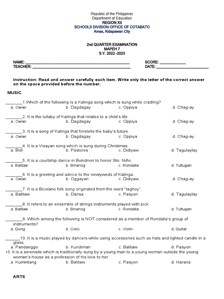 Mapeh 7 2nd Grading Exam | Download Free PDF | Foods | Nutrients