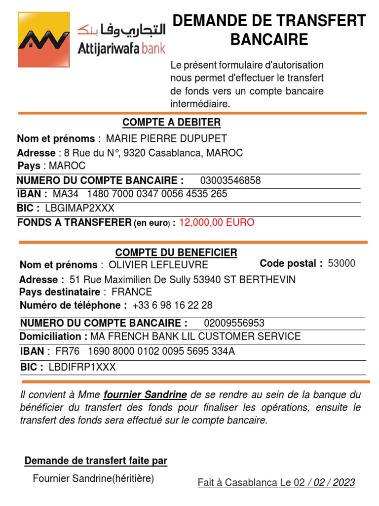 Demande de transfert bancaire Maroc | PDF