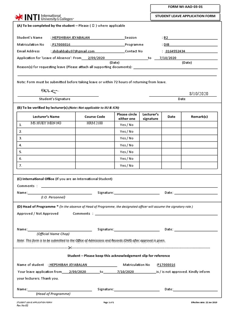 Application For Leave - Class Absence Form 1 | PDF