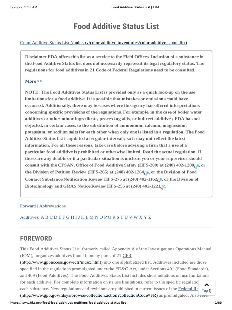 Food Additive Status List - FDA | PDF | Food And Drug Administration | Food Science